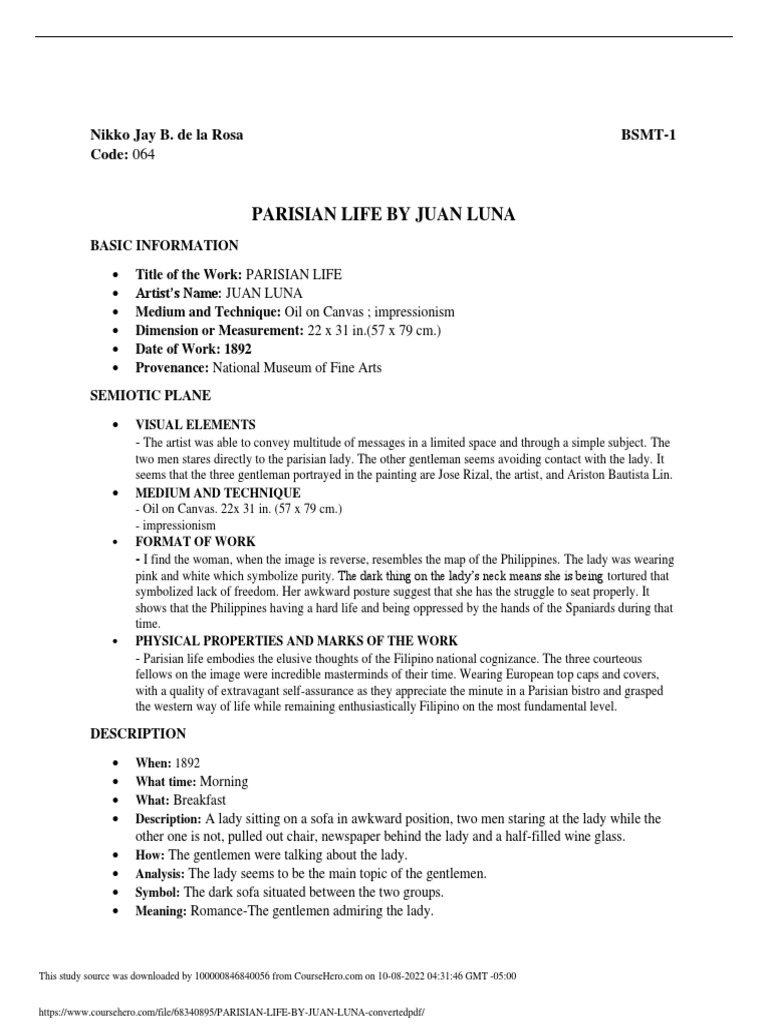 Juan Luna's "Parisian Life": A Colonial Critique | PDF