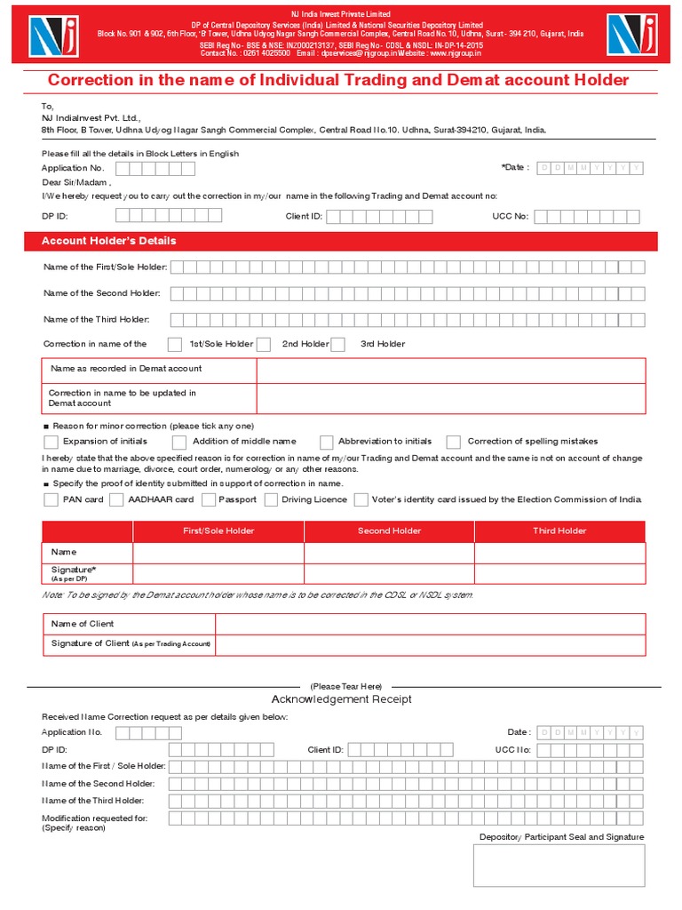 Correction in The Name of Individual Trading and Demat Account Holder ...