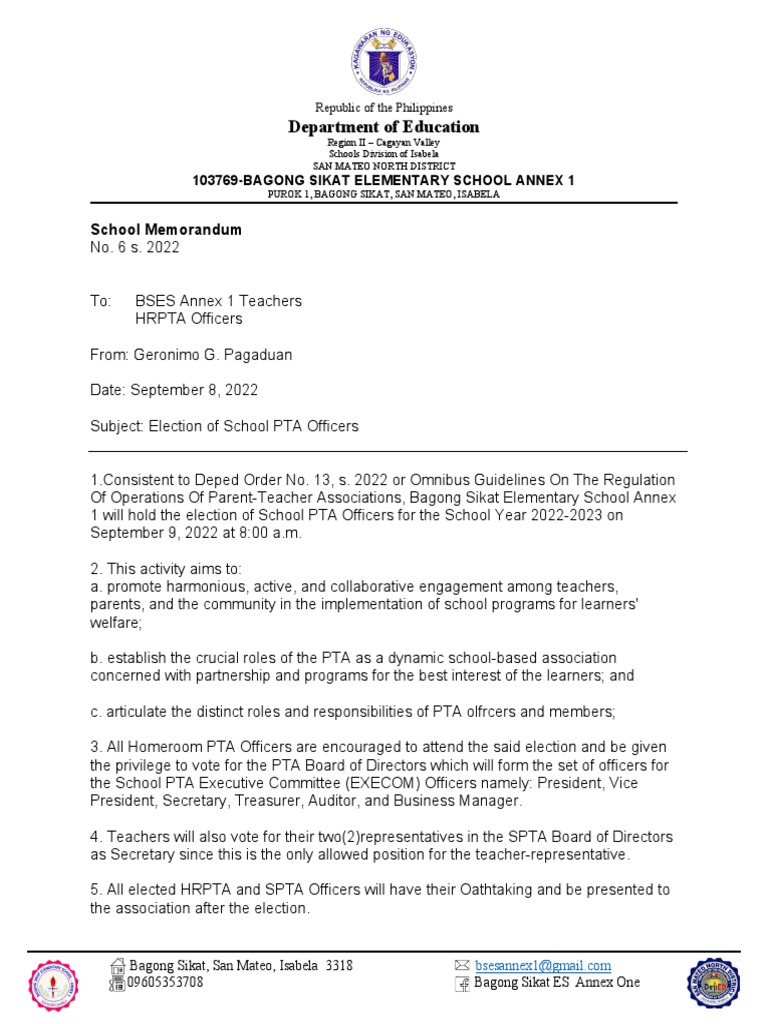 School Memorandum On SPTA Election | PDF | The United States ...