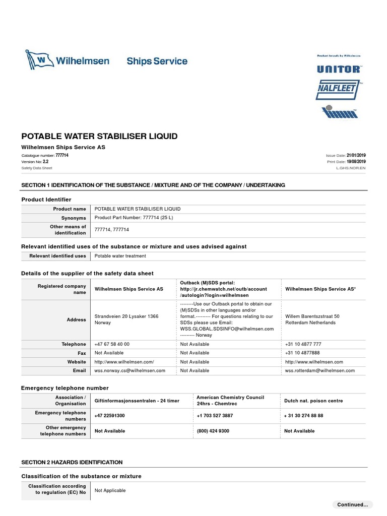 Potable Water Stabiliser Liq.25 LTR | PDF | Waste Management | Toxicity