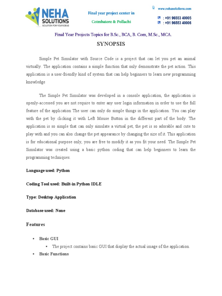 Simple Pet Simulator in Python NEHA SOLUTIONS 9655340006/9655340005 | PDF