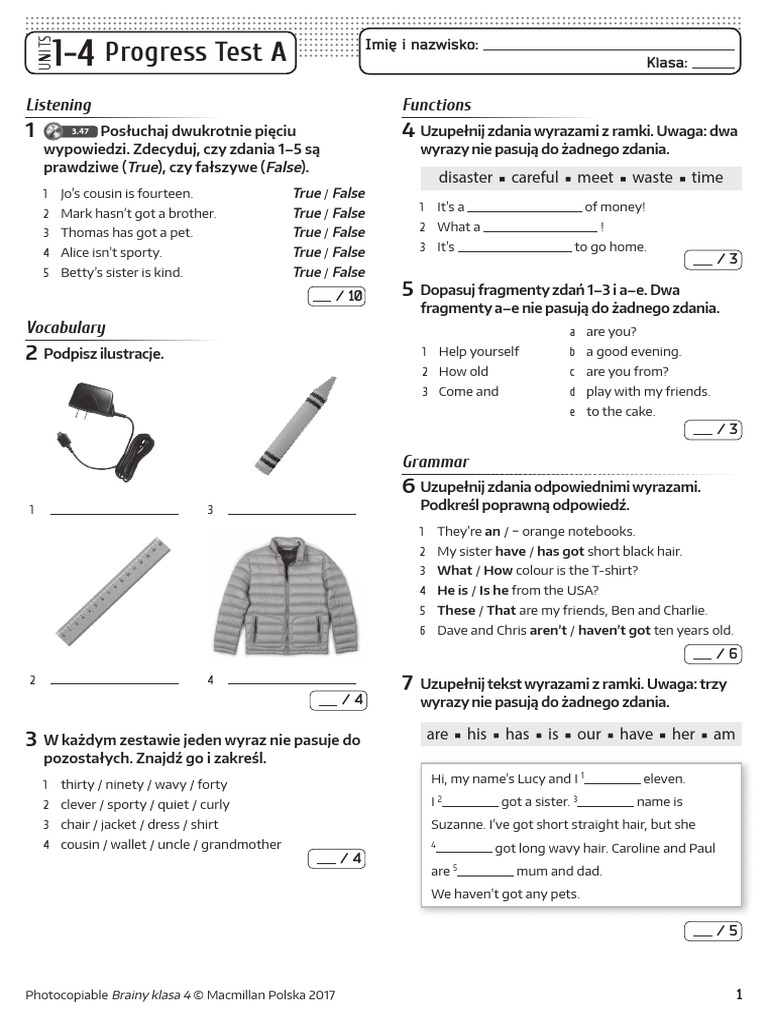 Brainy Kl4 Progress Test 1-4 A | PDF