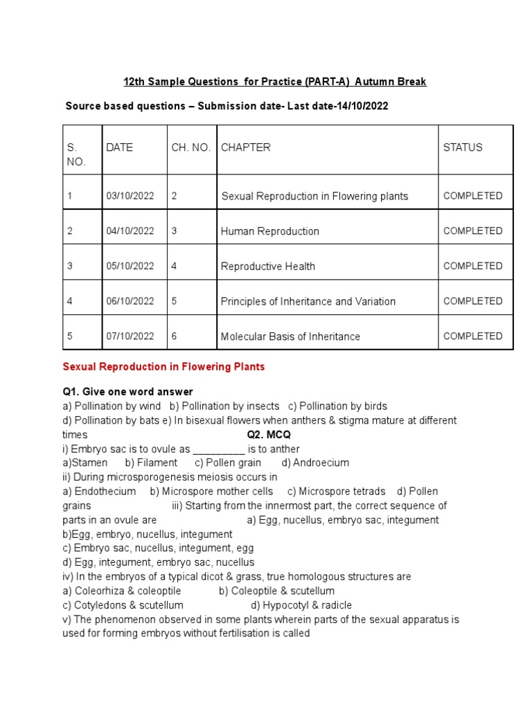 Question Bank Biology Class 12 | PDF | Operon | Flowers