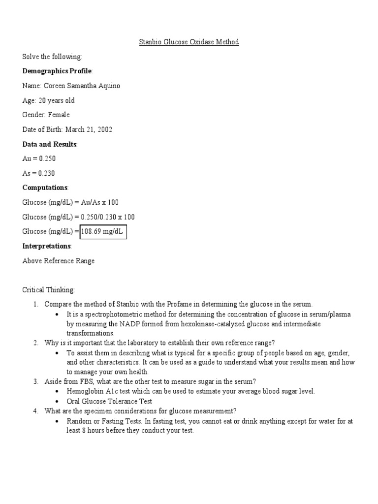 Stanbio Glucose Oxidase Method and Glucose Determination by Profame ...