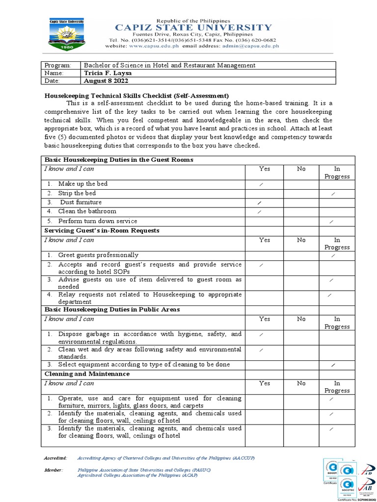 Technical Skills Checklist (TUTI) | PDF | Tableware | Menu