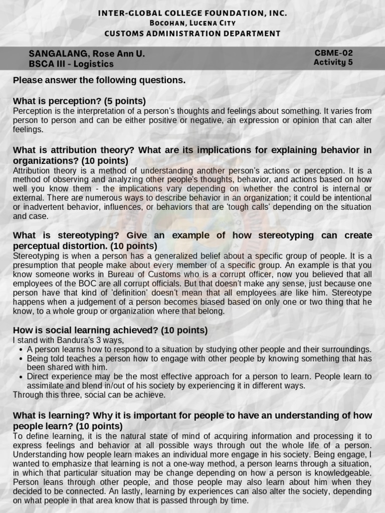 SRA CBME02 Activity 5 | Descargar gratis PDF | Stereotypes | Perception