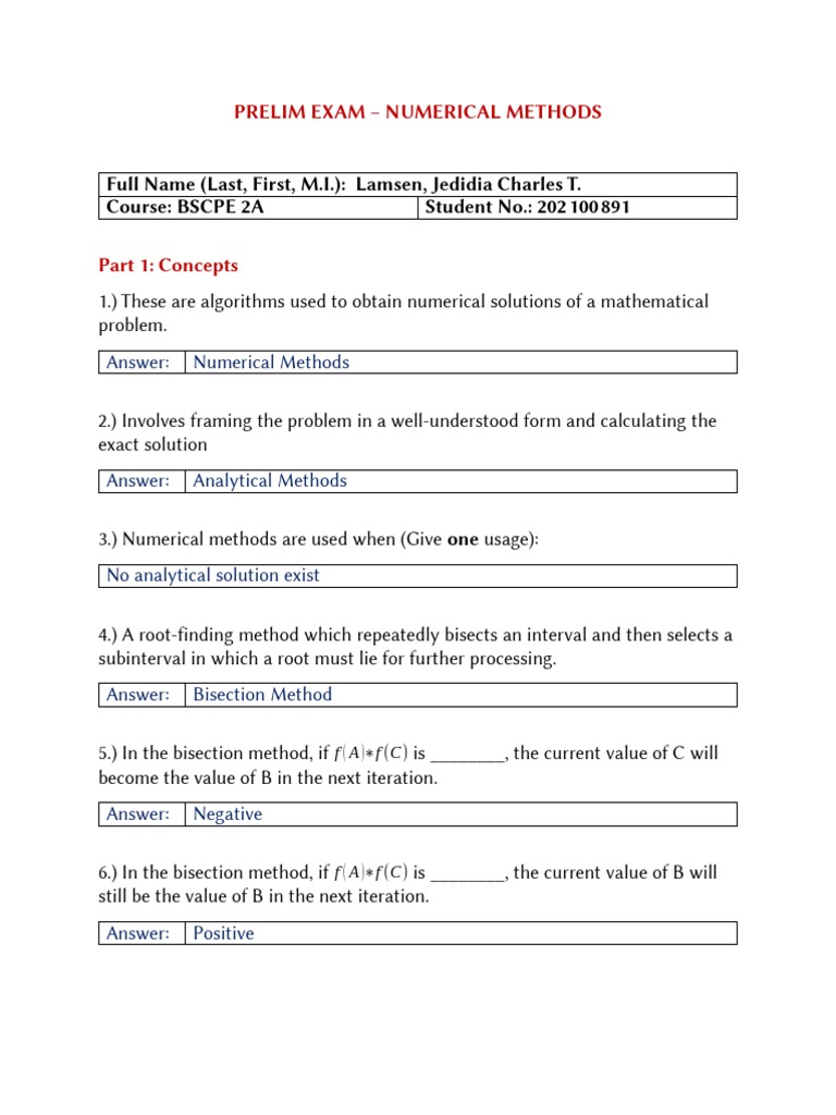 Prelim Exam - Jedidia Charles T. Lamsen | PDF | Numerical Analysis | Algorithms