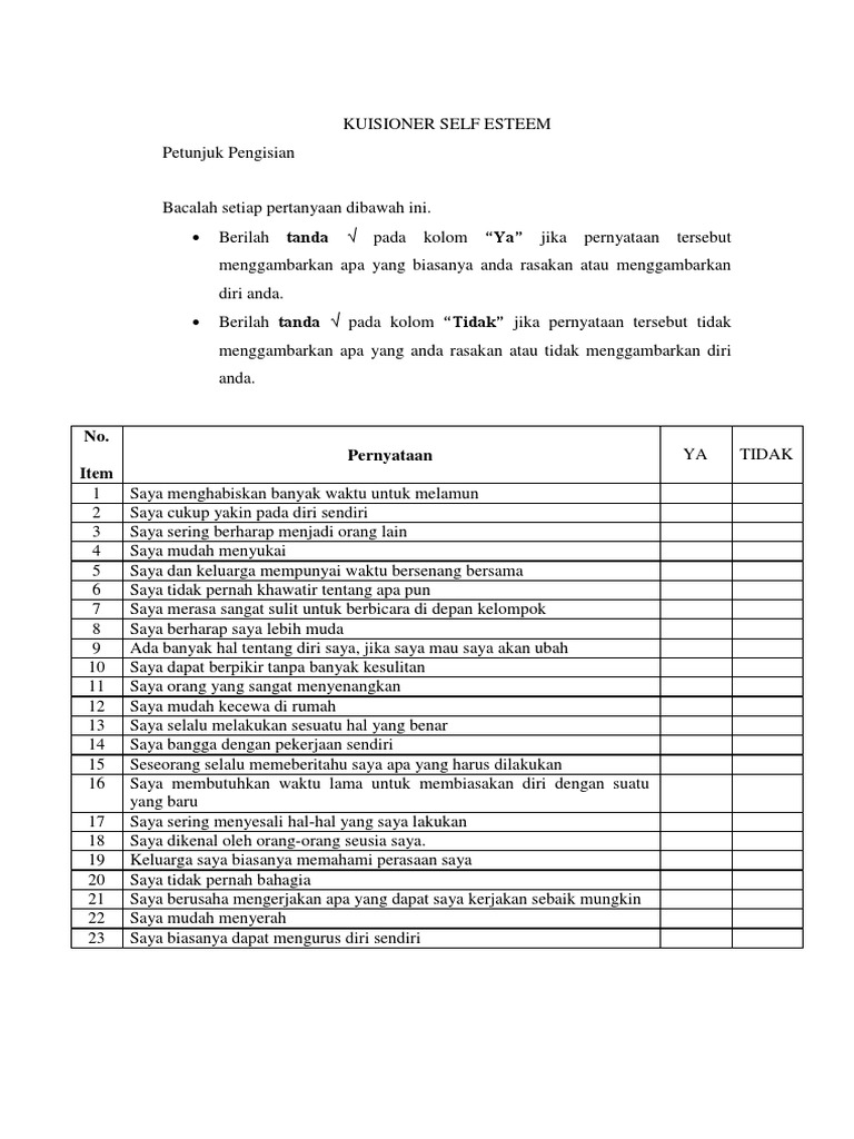 Kuisioner Self Esteem2 | PDF