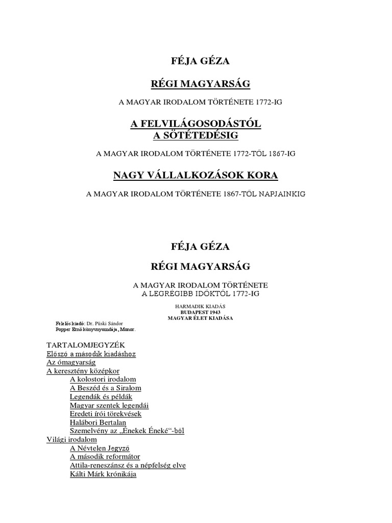 Féja Géza Magyar Irodalomtörténet | PDF