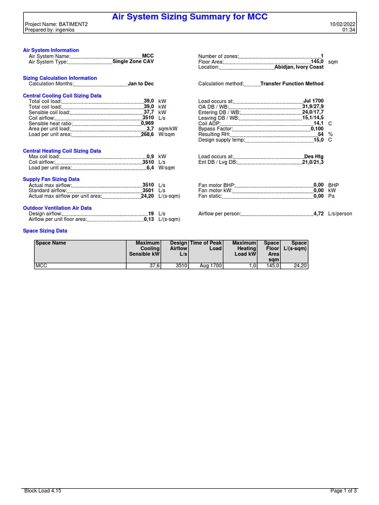 MCC Air System Sizing Summary | PDF | Thermostat | Building