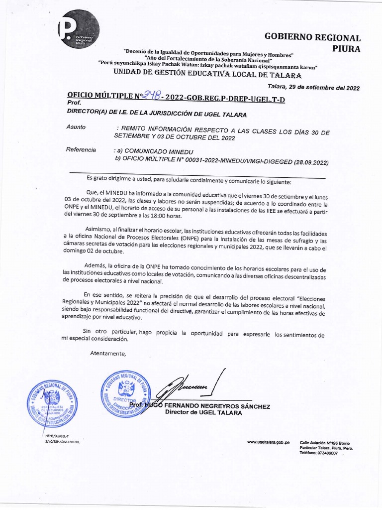 Oficio Multiple N°248-2022 Remito Informacion Respecto Al Desarrollo de ...