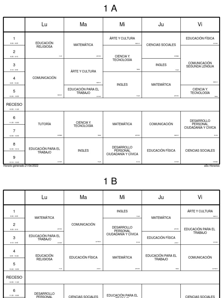 Horario Escolar 2022 por Asignaturas | PDF