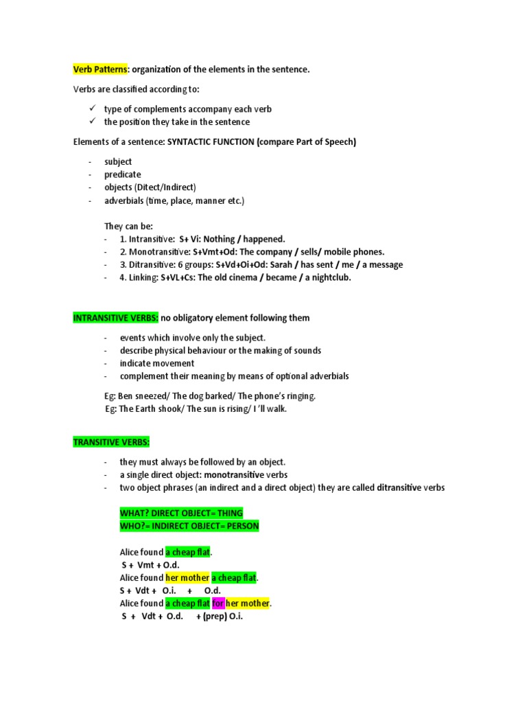 Verb Patterns | PDF | Verb | Adjective