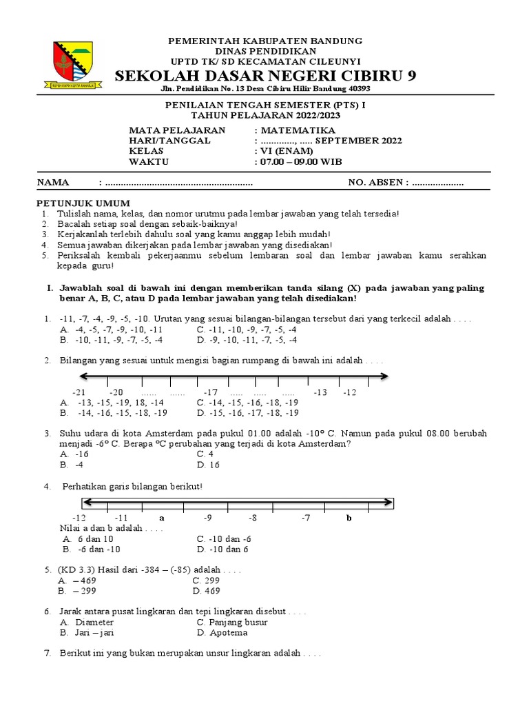 Soal Matematika PTS Ganjil Kelas 6 Tahun 2022/ 2023 | PDF