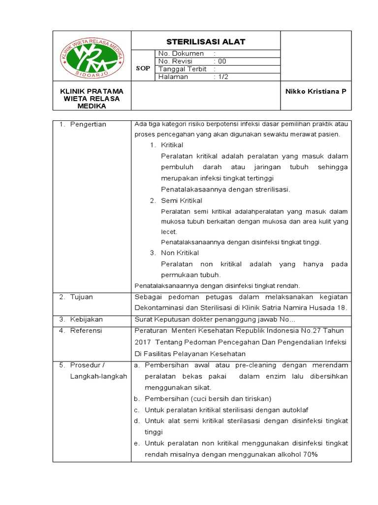 Sop Sterilisasi Alat | PDF