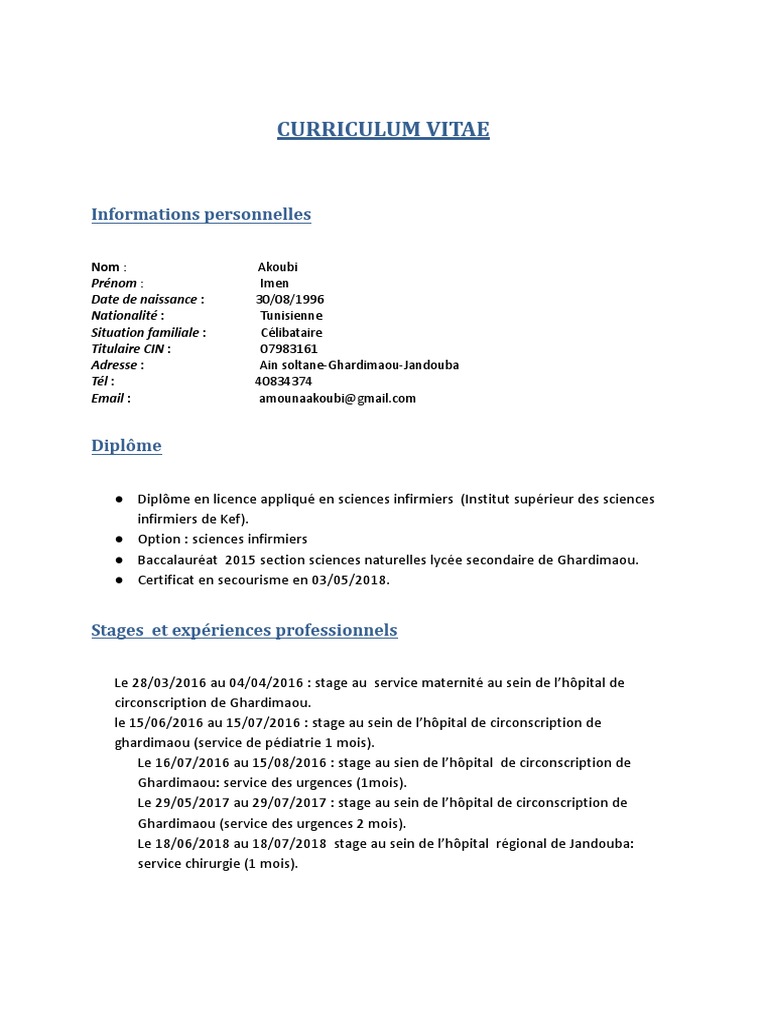 CV Infirmière Imen Akoubi | PDF | Développement personnel | Bien-être