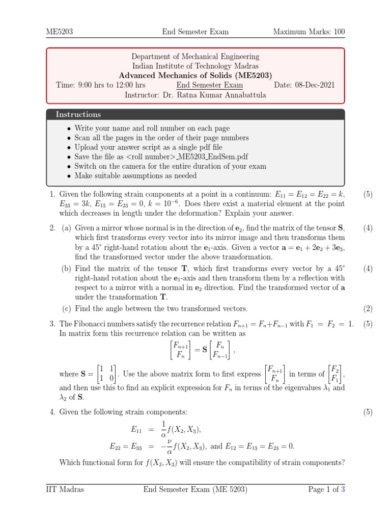 ME5203 EndSem 2021 | PDF | Stress (Mechanics) | Elasticity (Physics)