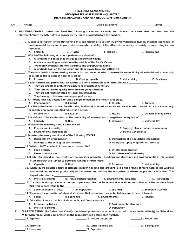 Exam - DRRR | PDF | Hazards | Earth Sciences