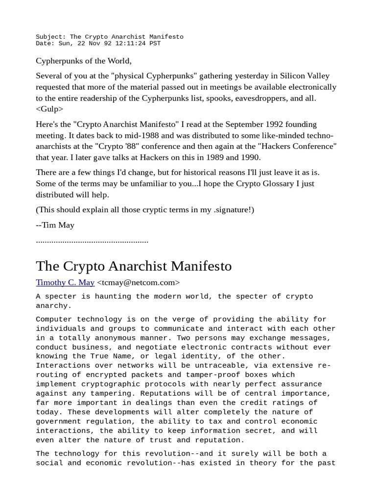 The Crypto Anarchist Manifesto | PDF | Cryptocurrency | Authentication