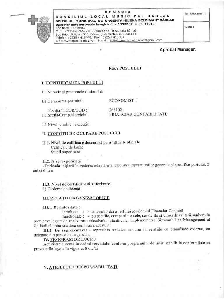 Fisa Post Economist Serviciul Financiar Contabil Editat | PDF