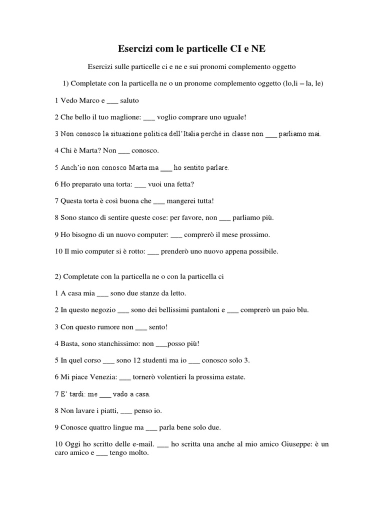 Esercizi Com Le Particelle CI e NE | PDF
