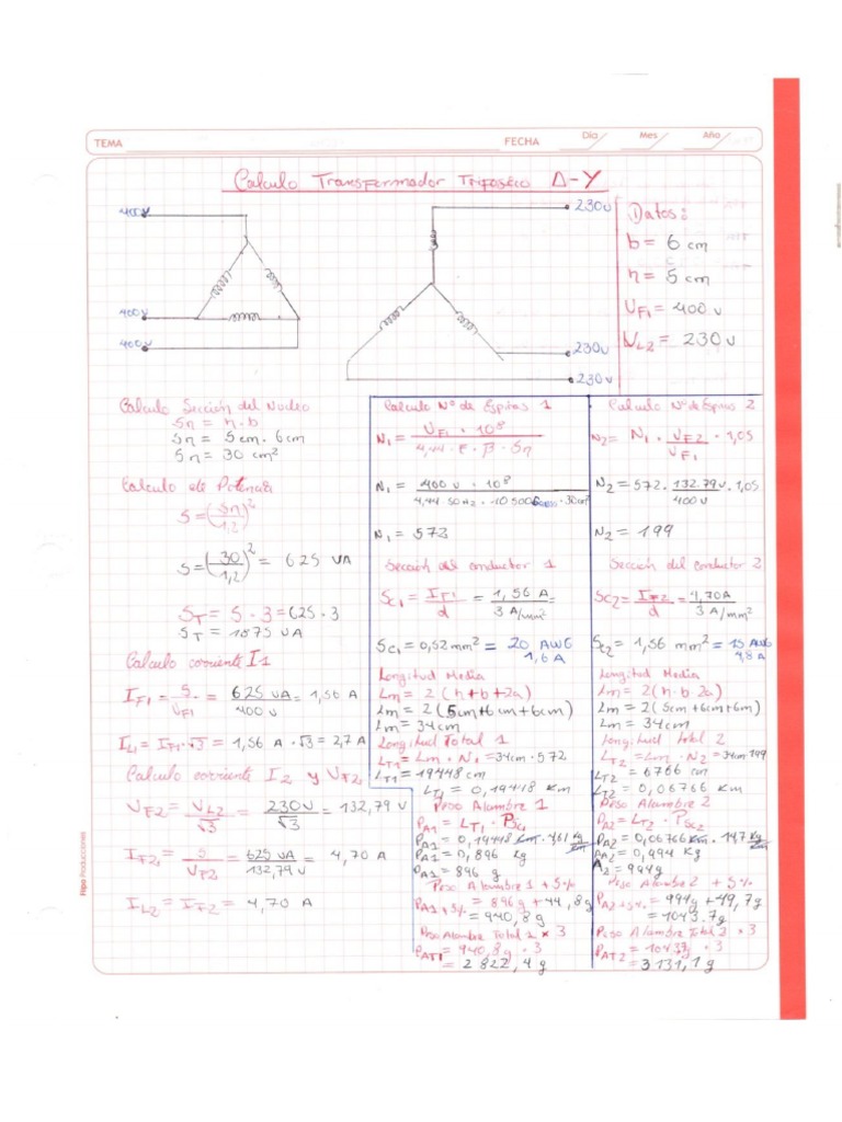 Calculo Transformador Trifasico Delta-Estrella | PDF