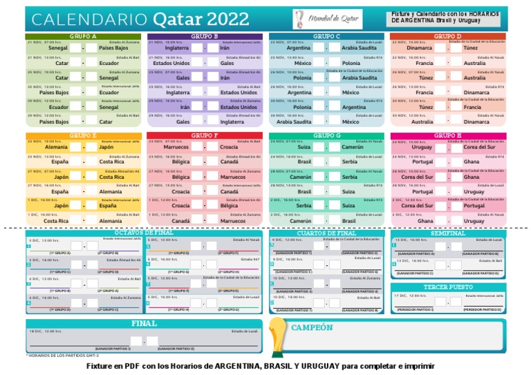 Fixture Mundial Qatar 2022 PDF para Descargar Horario Argentina 1 | PDF | Katar | Asociación de ...