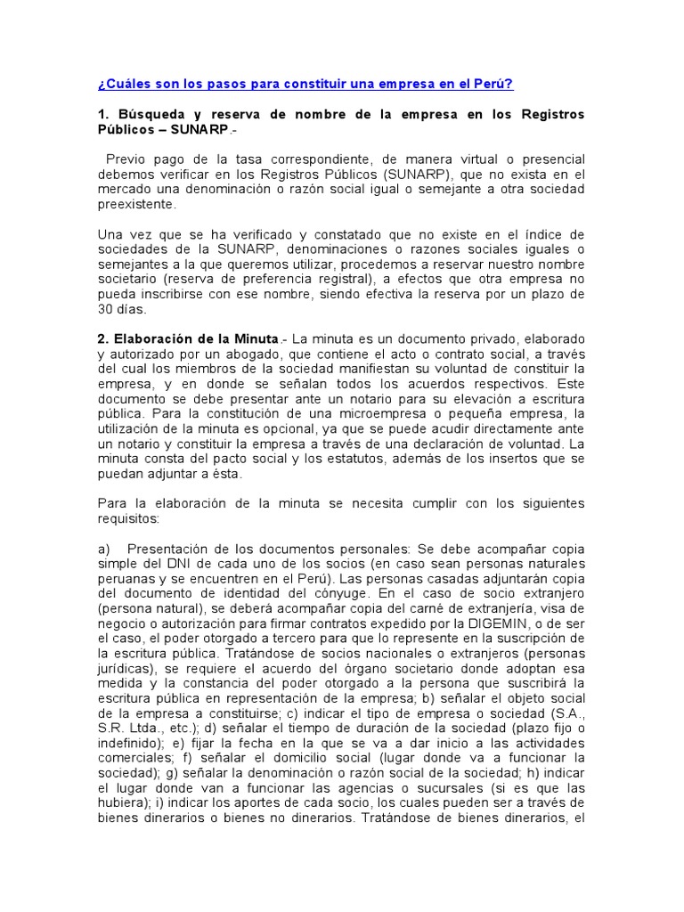 Cuáles Son Los Pasos para Constituir Una Empresa en El Perú | PDF