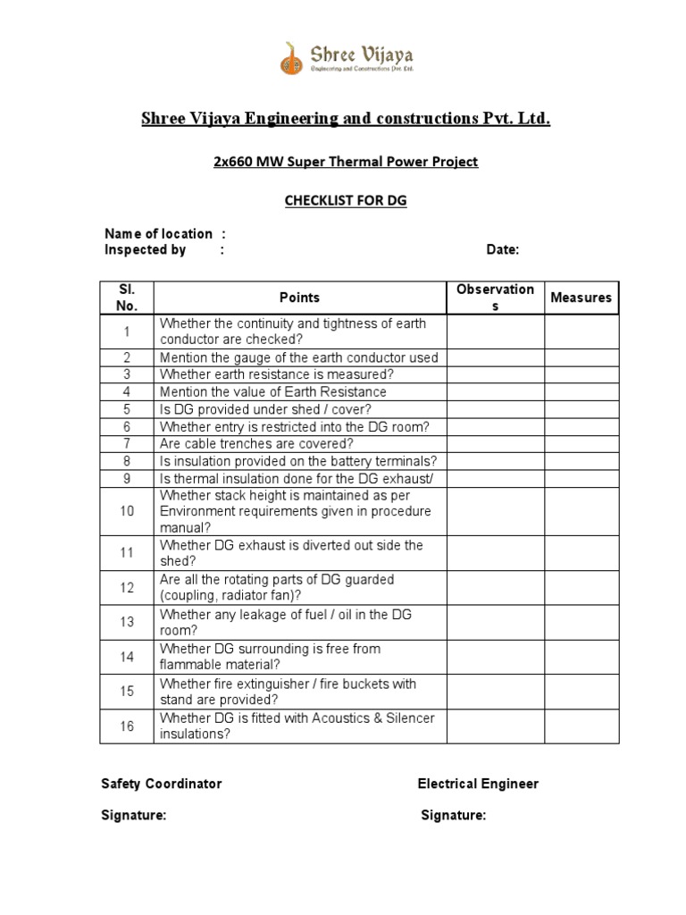 DG Inspection Checklist | PDF | Home & Garden | Technology & Engineering