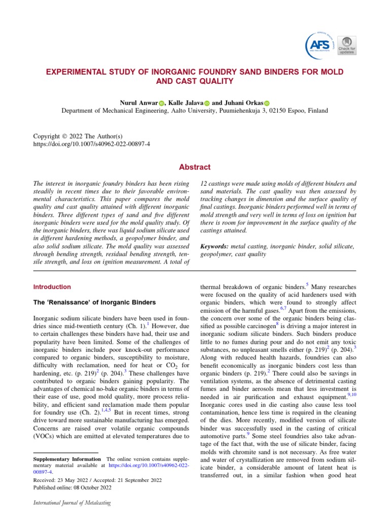 Inorganic Foundry Sand Binders | PDF | Casting (Metalworking) | Foundry