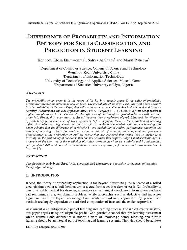 Difference of Probability and Information Entropy For Skills Classification and Prediction in ...