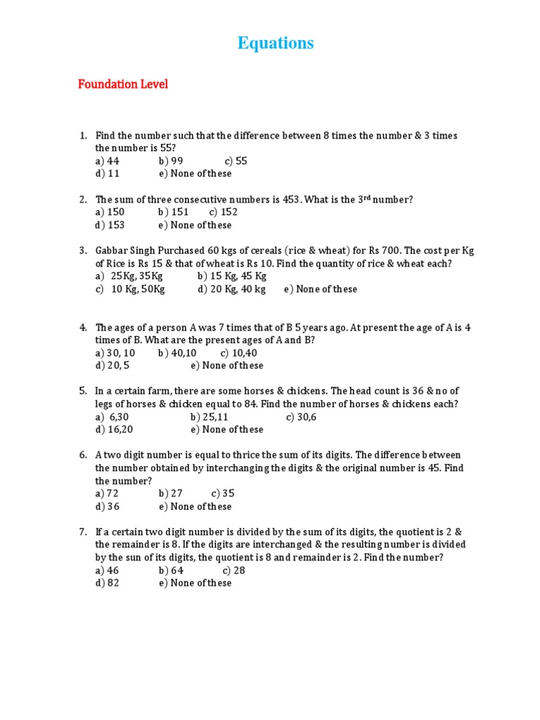 Equations | PDF | Mathematical Objects | Arithmetic