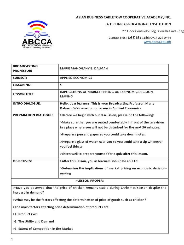 Lesson 5 Applied Economics Implications of Market Pricing On Economic ...