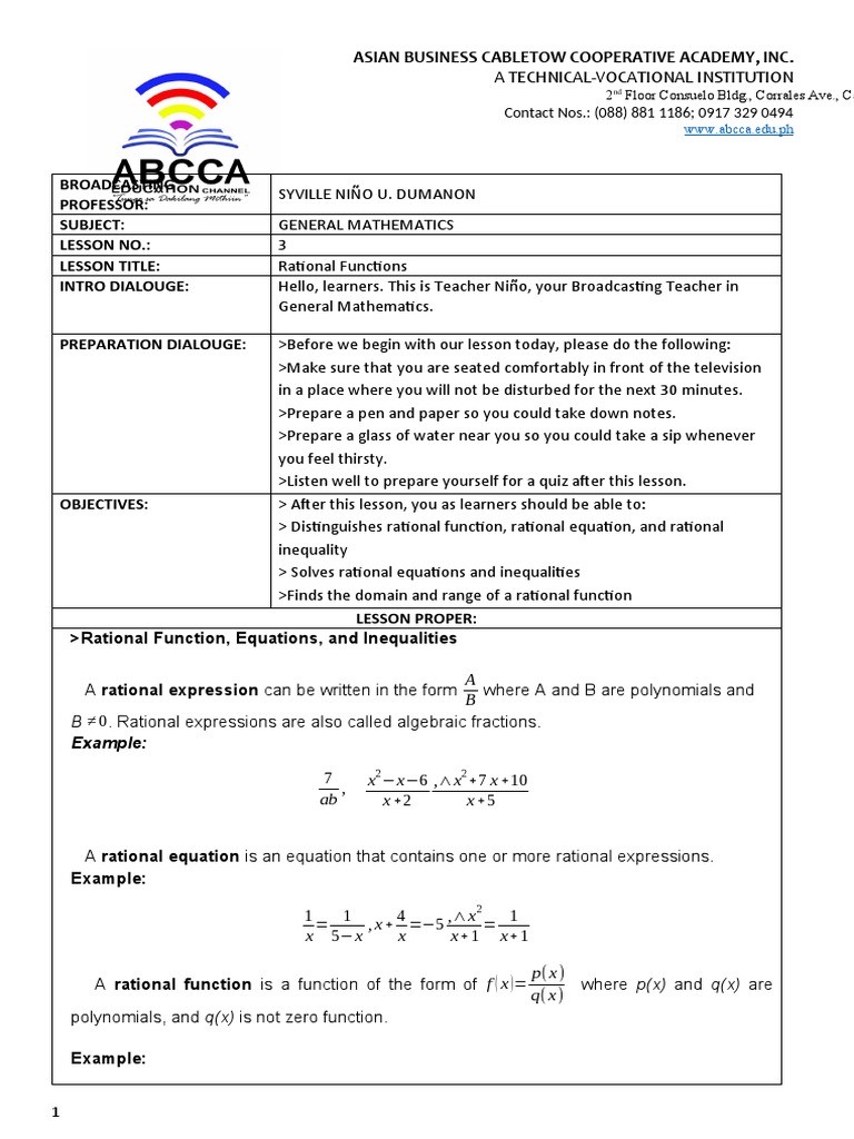 Lesson 3 General Mathematics Rational Functions Pdf Function