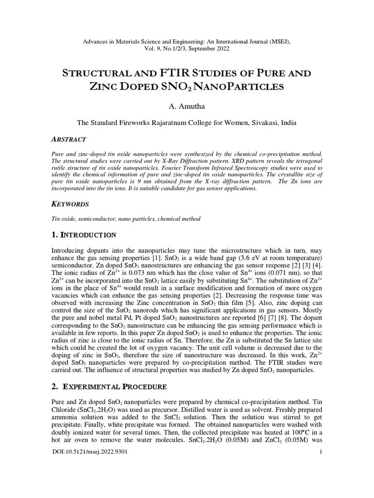 Structural and Ftir Studies of Pure and Zinc Doped Sno2nanoparticles ...