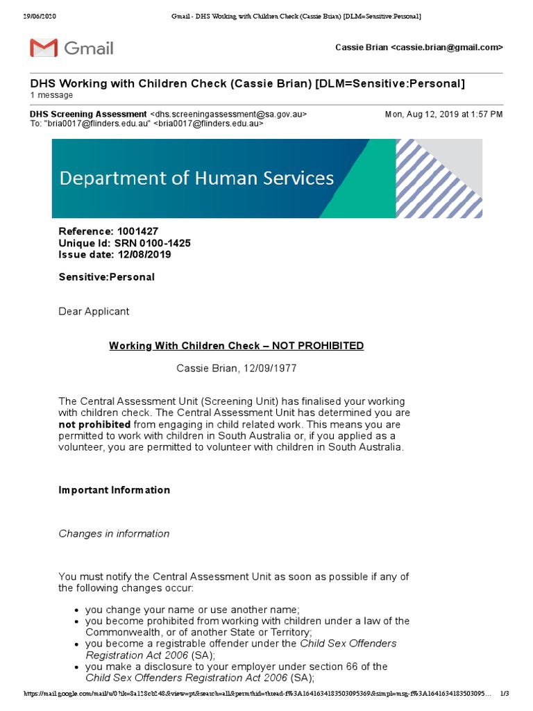 Dhs Working With Children Check - Cassie Brian 3 | PDF | Government ...