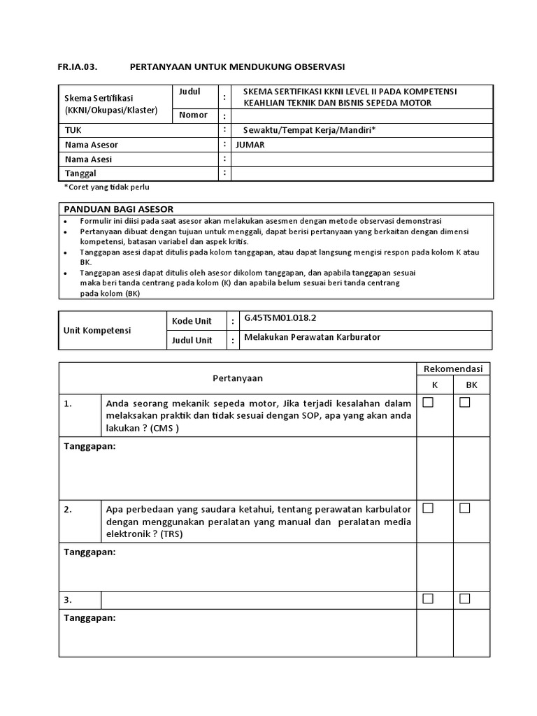 FR - Ia.03 Pertanyaan Mendukung Observasi | PDF