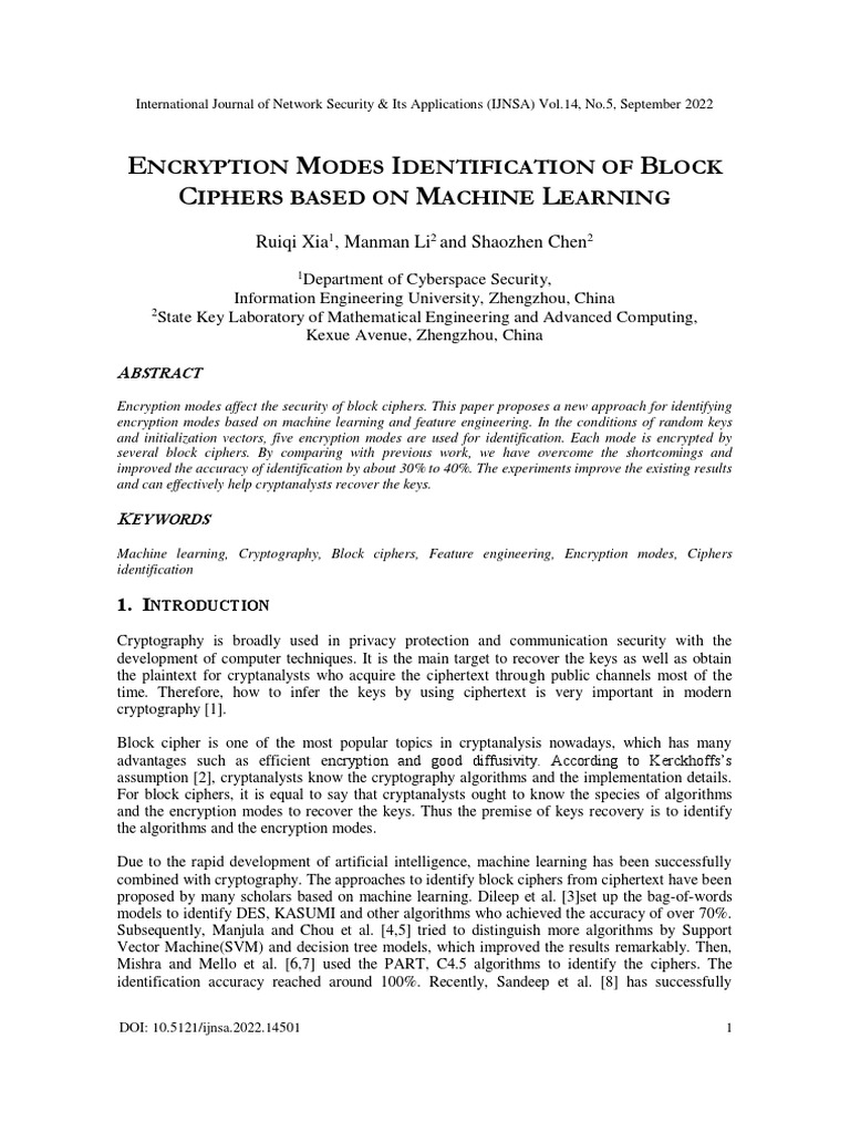 Encryption Modes Identification Of Block Ciphers Based On Machine Learning Pdf Cryptography 