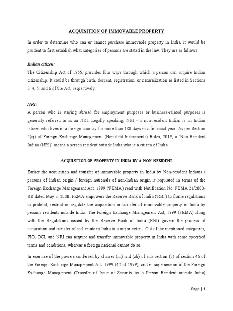 Acquisition of Immovable Property | PDF | Reserve Bank Of India | Investing