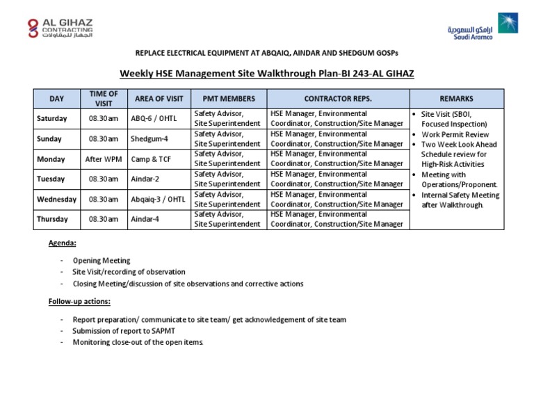 Weekly HSE Management Site Walkthrough Plan-BI 243-AL GIHAZ | PDF