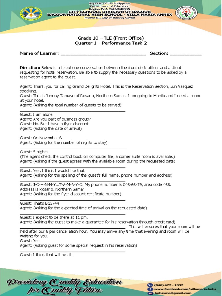 Grade 10 - TLE (Front Office) Quarter 1 - Performance Task 2 Name of Learner: - Section | PDF ...