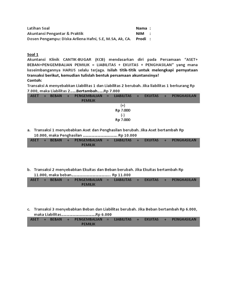 Latihan Soal Akuntansi: Persamaan dan Transaksi | PDF