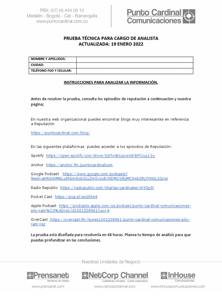 Prueba Técnica Analista - 2022 | PDF | Podcast | Medios de comunicación en masa