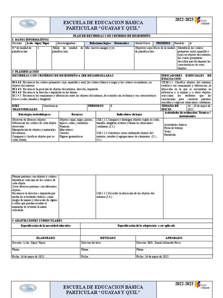 Planificación de Destrezas para Primer Grado | PDF | Educación primaria ...