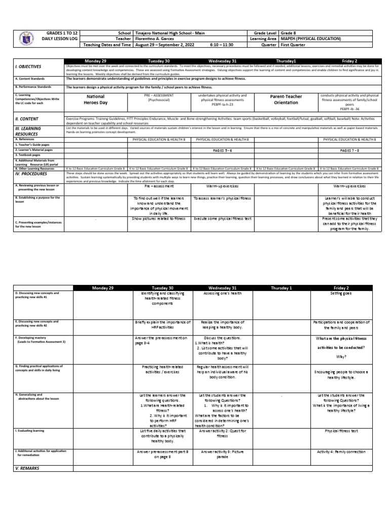 1st Quarter PE DLL Grade 8 August 29 Sept 2 2022 | PDF | Educational ...