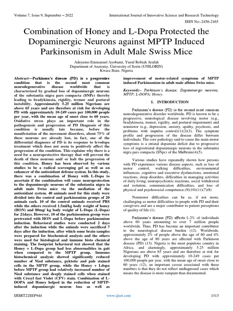 Combination of Honey and L-Dopa Protected The Dopaminergic Neurons Against MPTP Induced ...