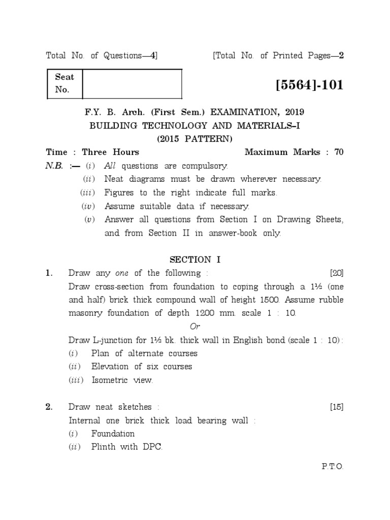 B.Arch Exam Papers: 2019 Overview | PDF | Bending | Stairs