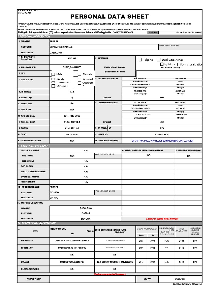 CS Form No. 212 Personal Data Sheet Revised | PDF | Crimes | Crime & Violence