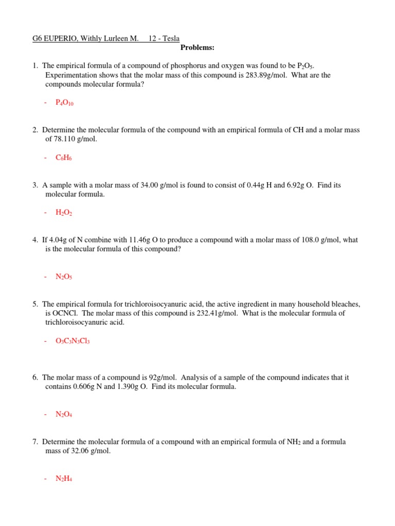 Molecular and Empirical Formula Problems | PDF
