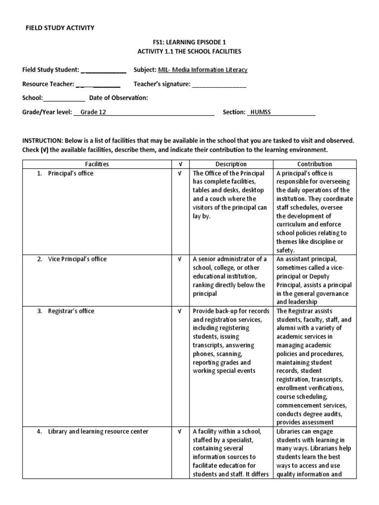 Field Study Activities 1 | PDF | Laboratories | Schools